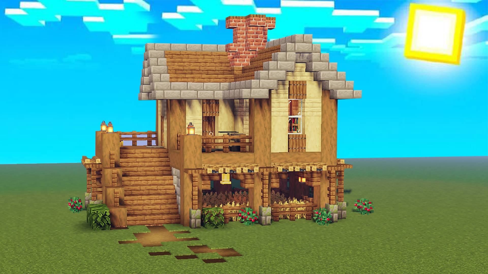 🌾 Уютный деревянный дом с фермой пшеницы в Minecraft – просто и практично! 🏡