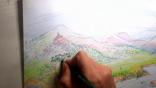 Мастер-класс "Горный пейзаж с рекой" Цветными карандашами 5+