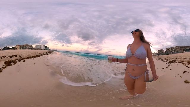 VR 360 5k - Beautiful girl takes a sunset walk on the beach of Cancun, Mexico ASMR