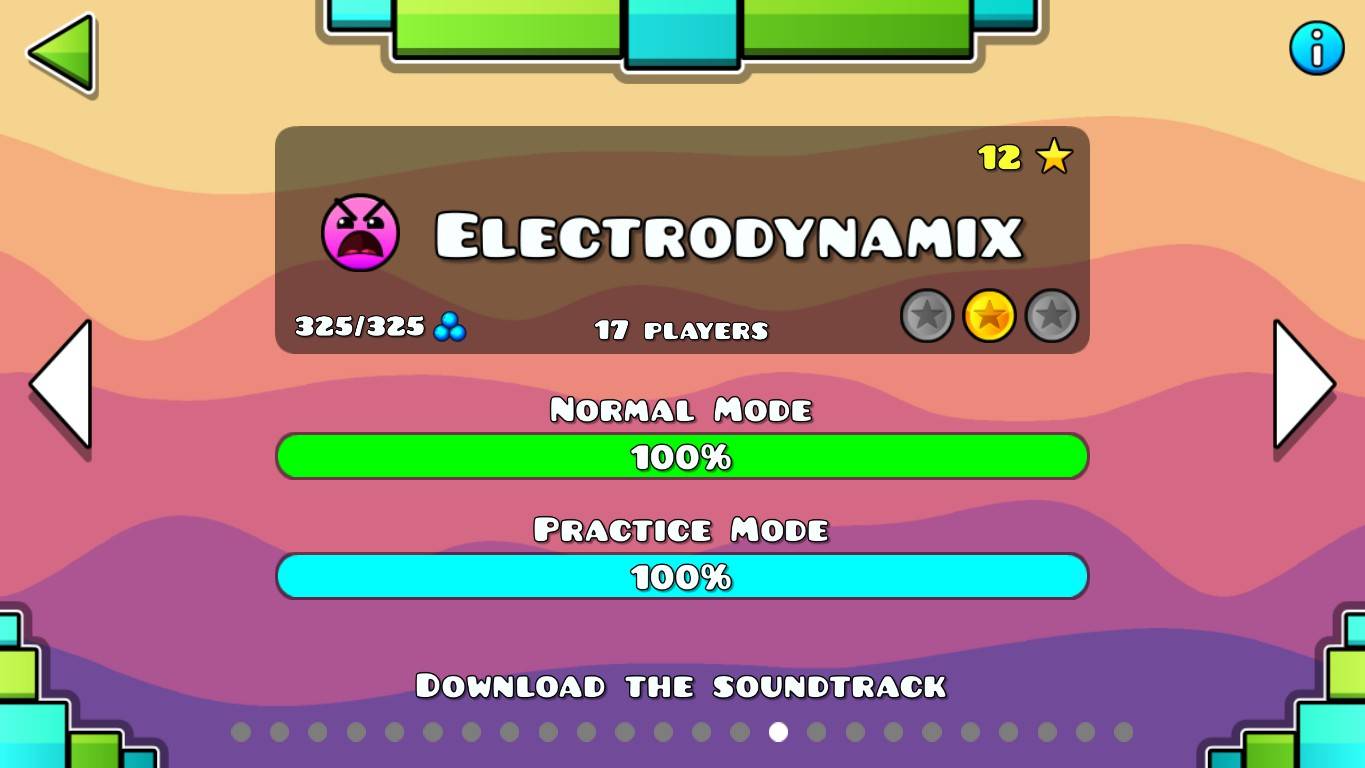 Geometry Dash. Electrodynamix - 100%, 1 coin.
