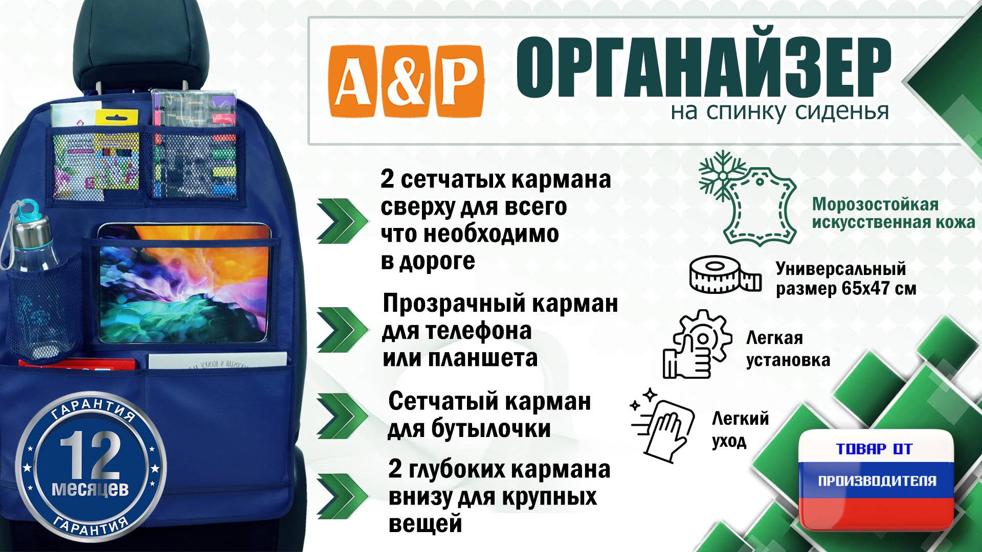 Органайзер на спинку сиденья автомобиля из искусственной кожи. Цвет: синий. Промо-ролик.