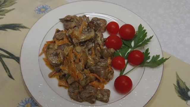 Куриные сердечки с грибами.