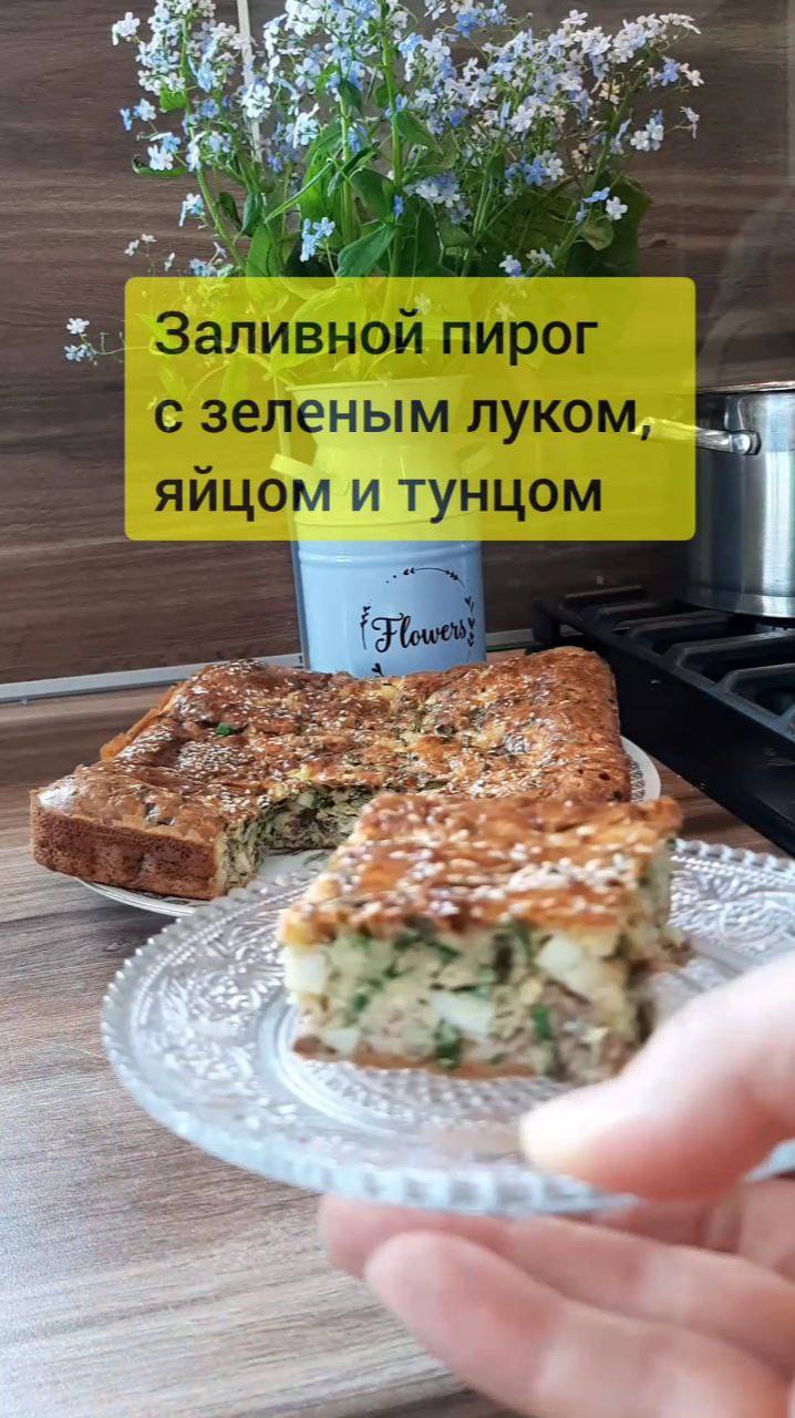 Заливной пирог с зеленым луком, яйцом и тунцом