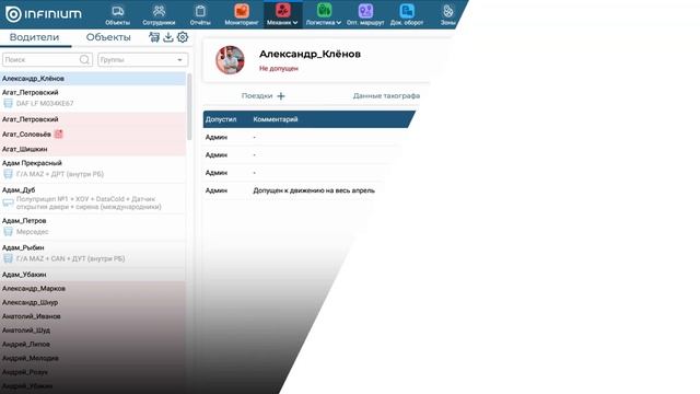 Платформа Infinium: допуск транспортных средств и водителей к движению