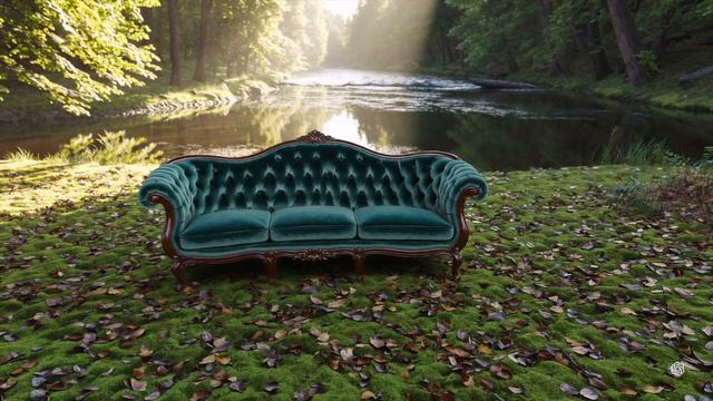 Sofa by the River in the Forest: Cinematic Realism