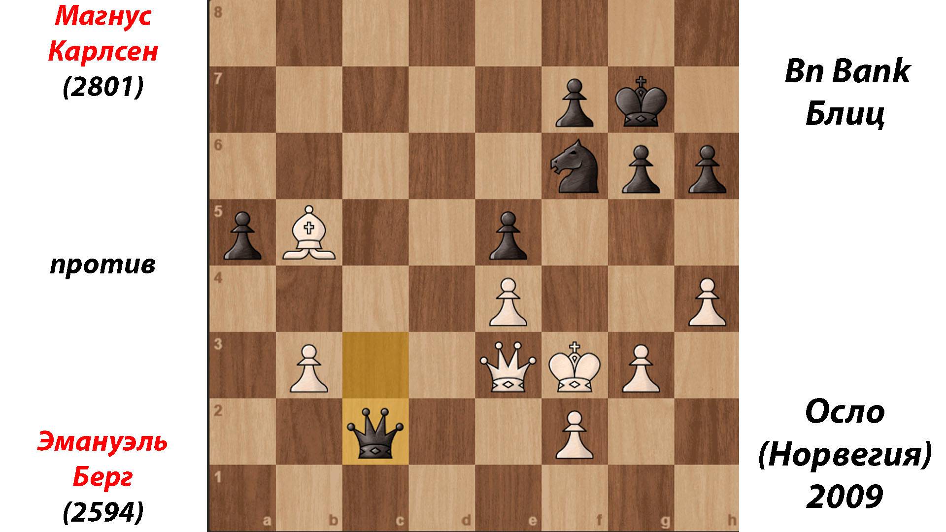 Магнус Карлсен против Эмануэль Берг Bn Bank — блиц в Осло (Норвегия), 2009.