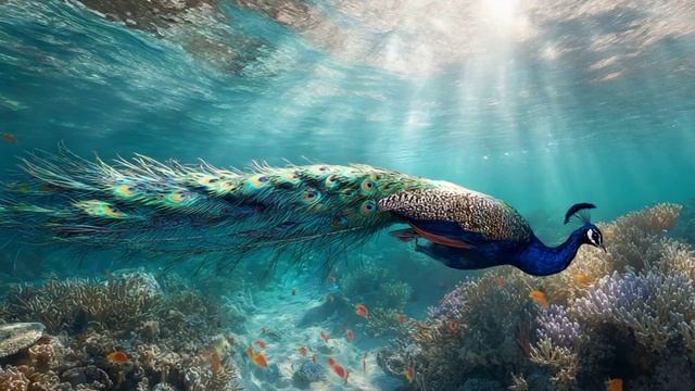 Павлин плывет в море