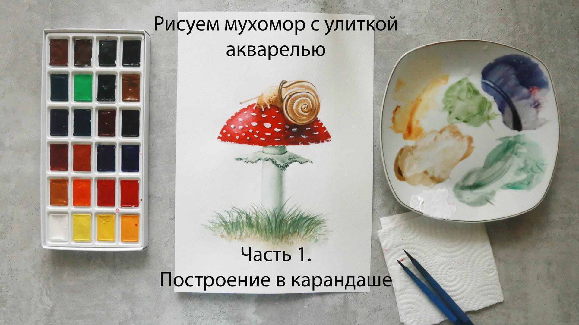 Видеоурок рисования акварелью: Мухомор с улиткой. Часть 1. Построение в карандаше