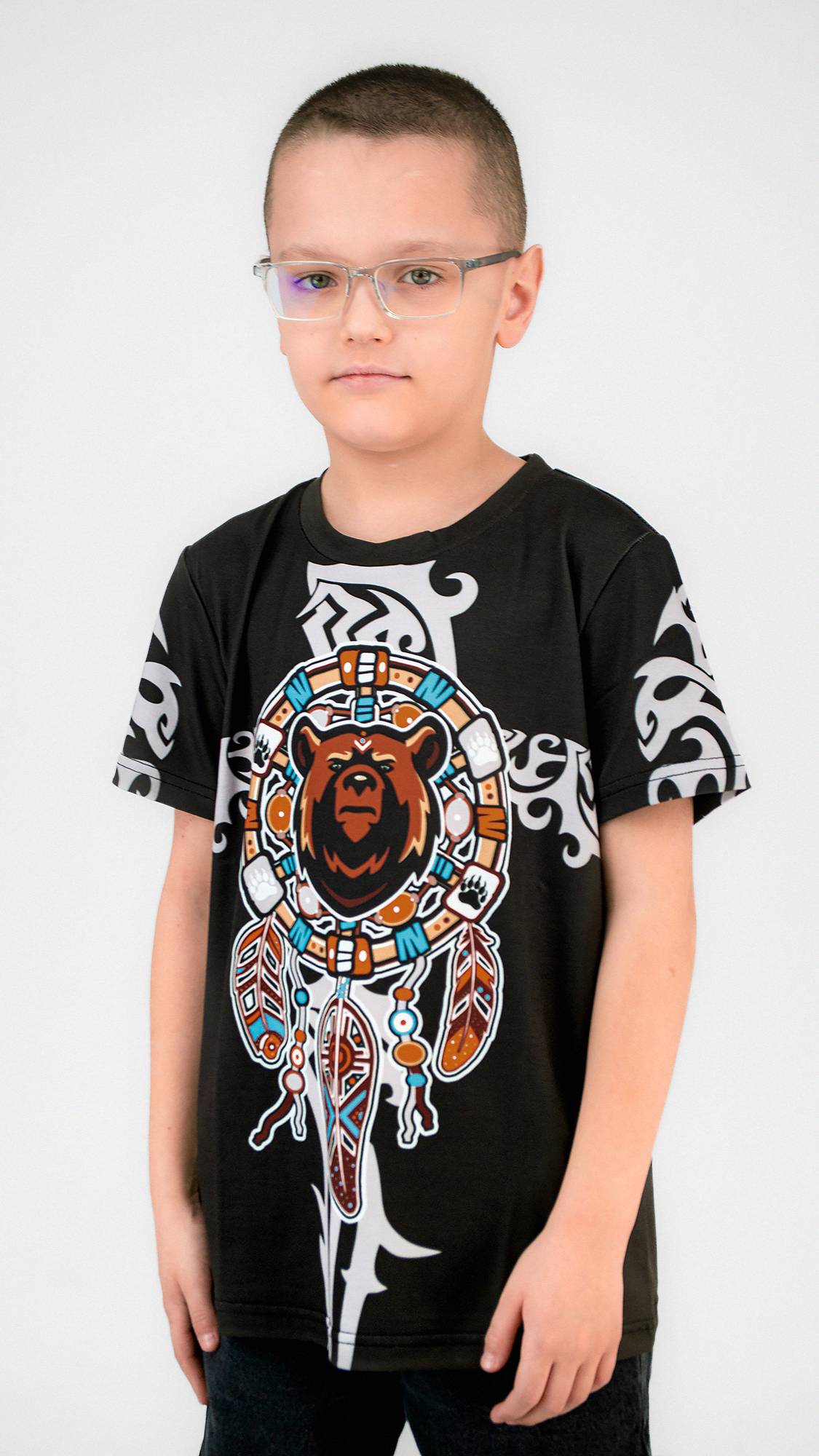 Футболка детская МЕДВЕДЬ В ЛОВЦЕ ГЛОБАЛ (черная)