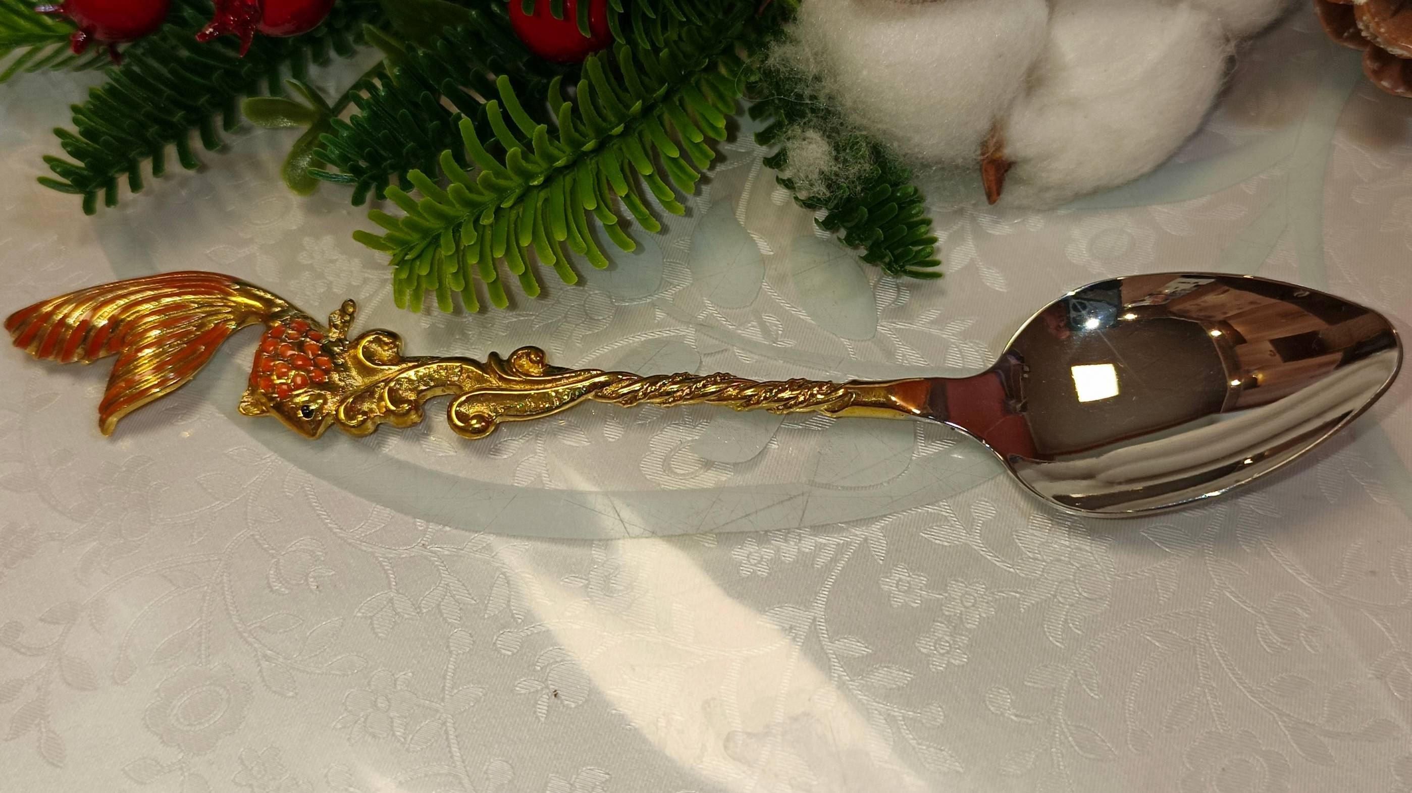 Чайная ложка Золотая рыбка, оранжевая эмаль, оранжевая золотая рыбка, латунь