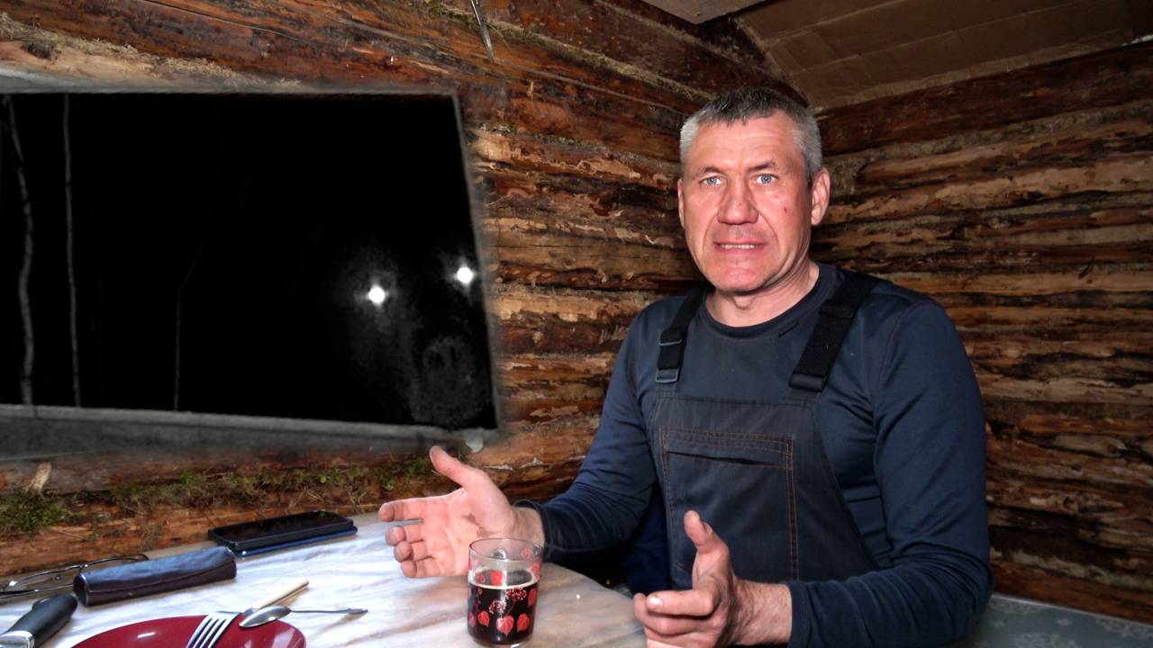 Ремонт в избе. Медведь заглядывает в окно.