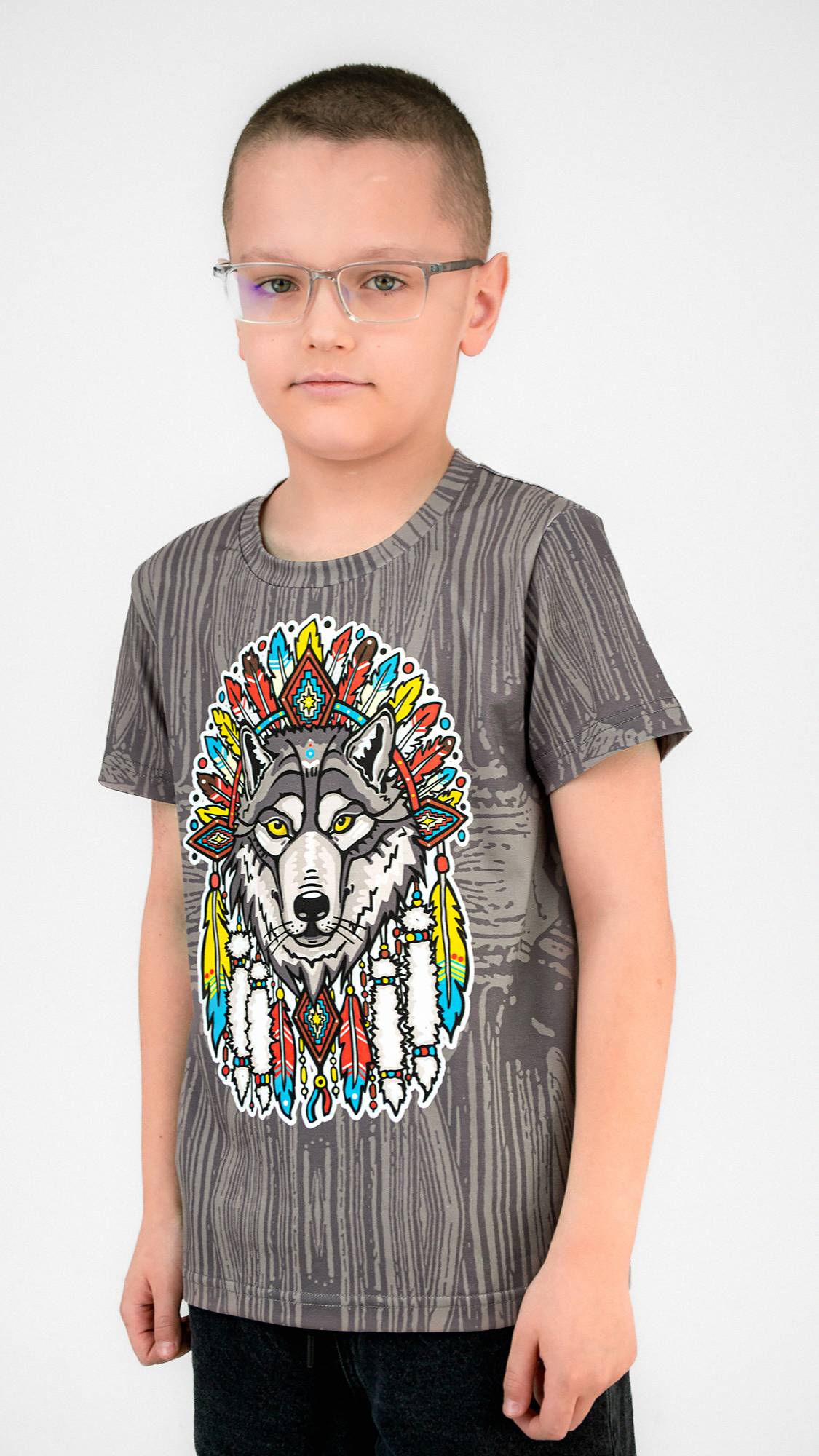 Футболка детская ВОЛК В ЛОВЦЕ (серая)