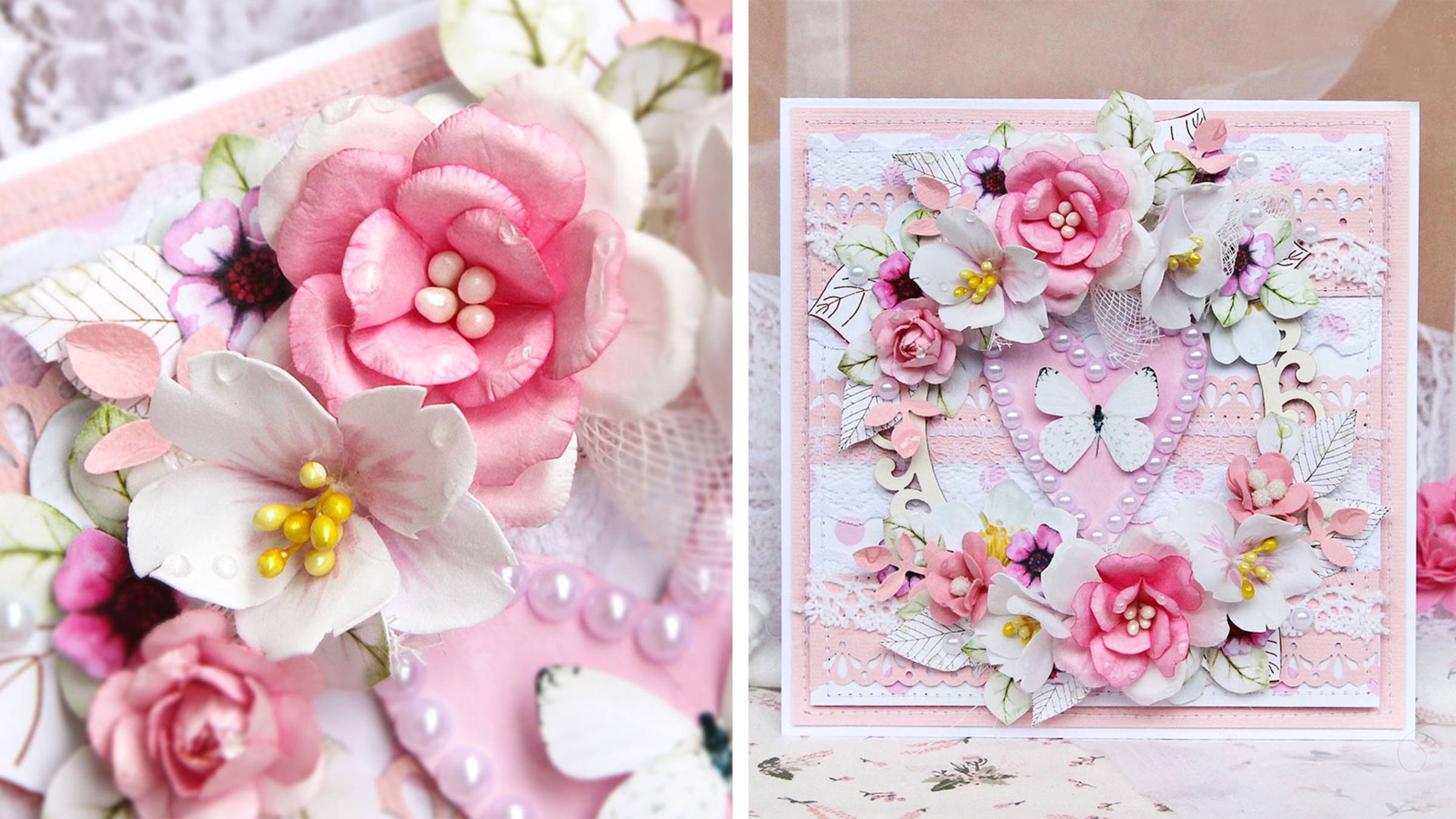 Свадебная открытка с сердечком, цветами, бабочкой и кружевом. Скрапбукинг. Своими руками