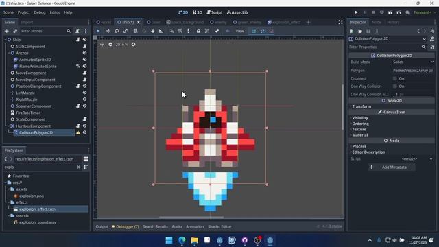Учебник Godot 4 - Космический стрелок с использованием компонентов - эффект взрыва P9 и уничтожения
