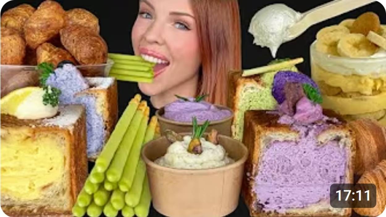 ASMR MUKBANG, круассан с фисташками, десерты Ube, лимонный крем, таро, банановый пудинг, хруст