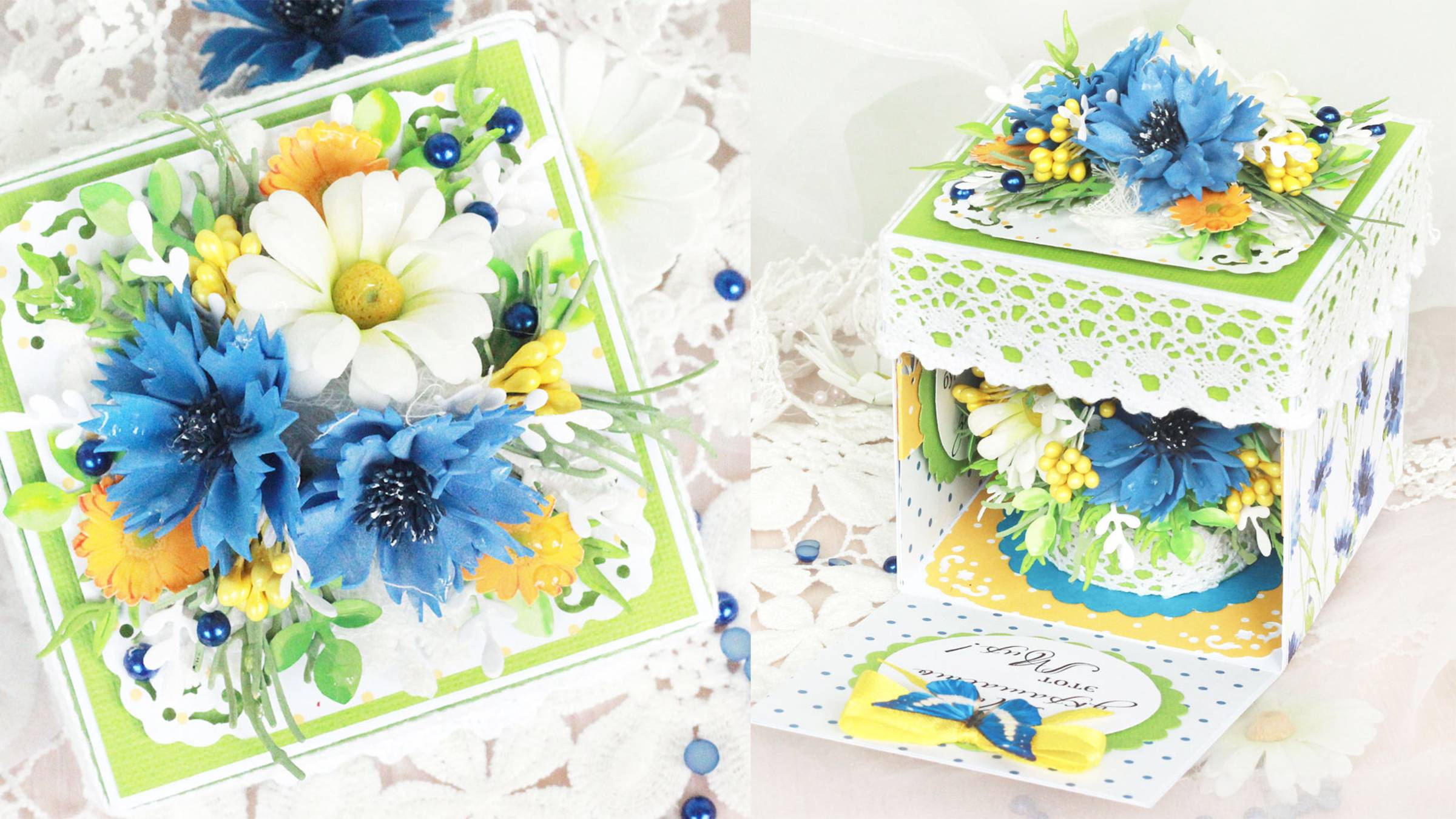 3D Открытка из бумаги и фоамирана. Цветочная коробочка с ромашками и васильками. Подарок