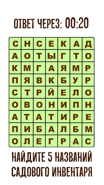 В таблице с проставленными буквами найдите 5 названий садово-огородного инвентаря