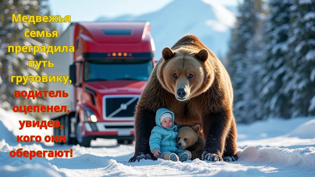 Медвежья семья преградила путь грузовику, водитель оцепенел, увидев, кого они оберегают!