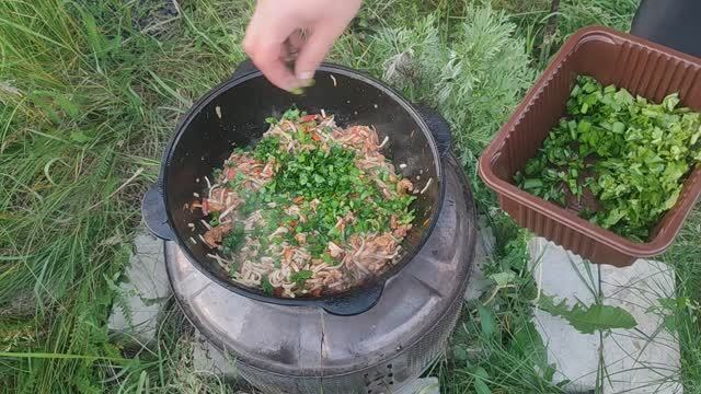 Готовим  на костре лапшу удон в казане и куриные крылья во фритюре. Вечер встречи с друзьями.