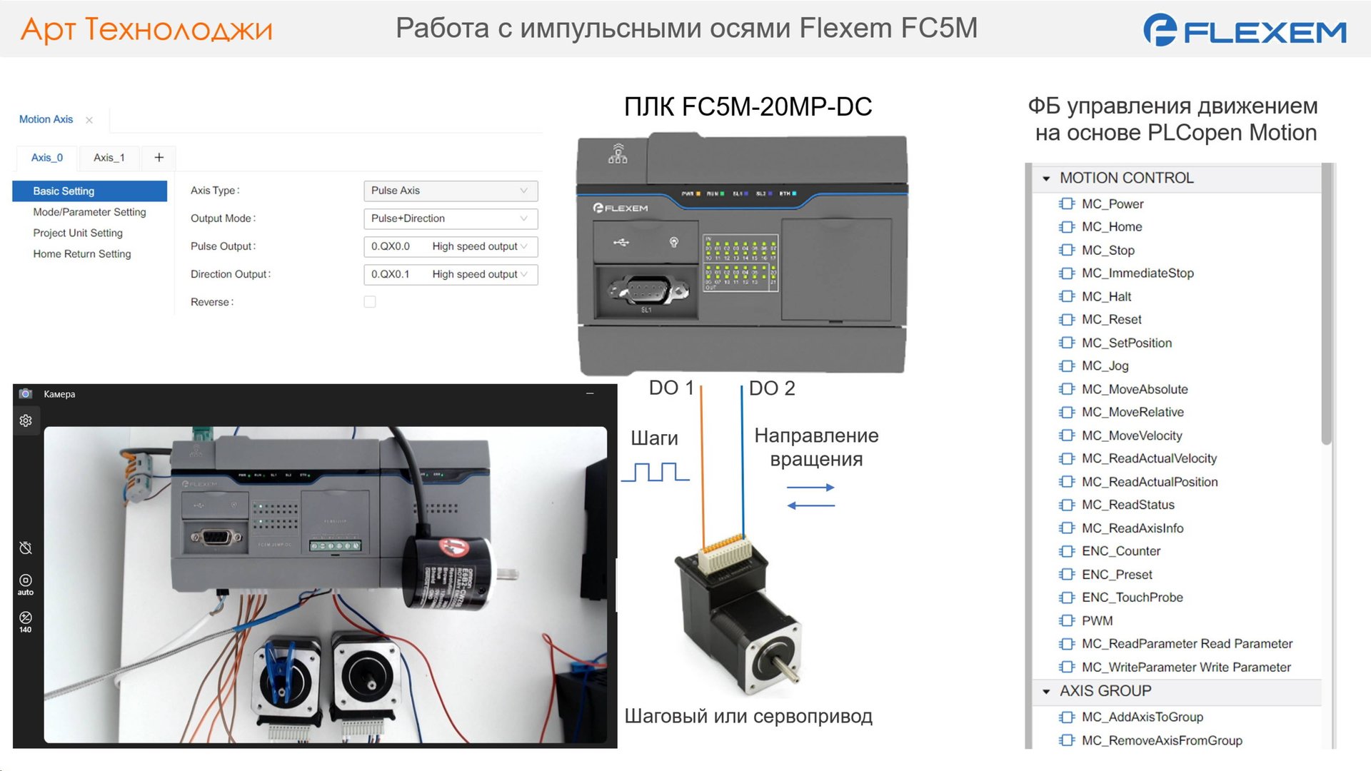 Работа с импульсными осями (режим PTO) на ПЛК Flexem FC5M