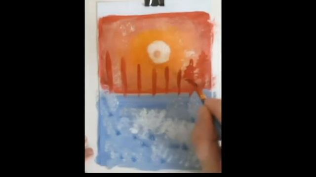 Рисуем пейзаж, елка в лесу на закате, легко и просто