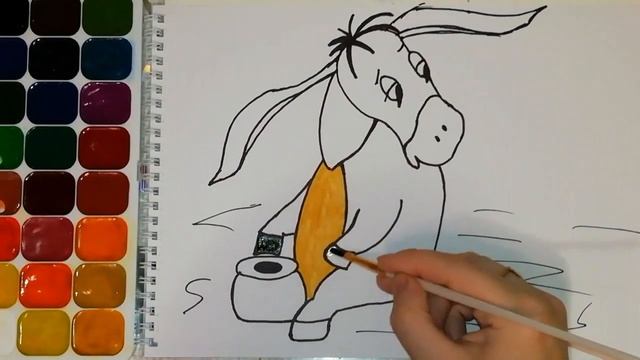 Раскраска для детей. Ослик Иа. Герои мультфильма Винни Пух. Нарисуй сам. Учим цвета.