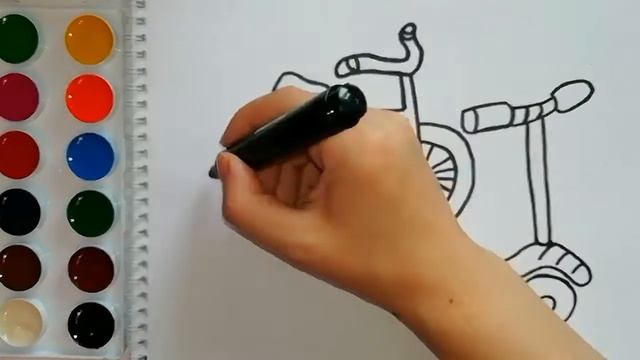 Раскраска для детей САМОКАТ, ВЕЛОСИПЕД. Мультик-раскраска. Учим цвета.