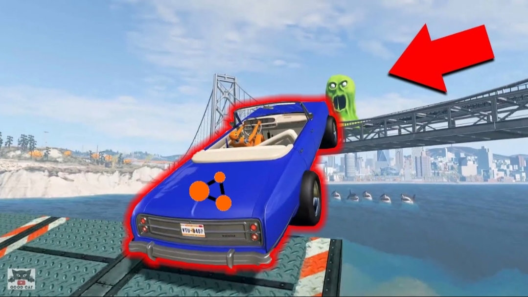 Крейзи трюки - Зелёный Лизун монстер против тачек Прыжок в смерть машина обречена Цирковые трюки 3D