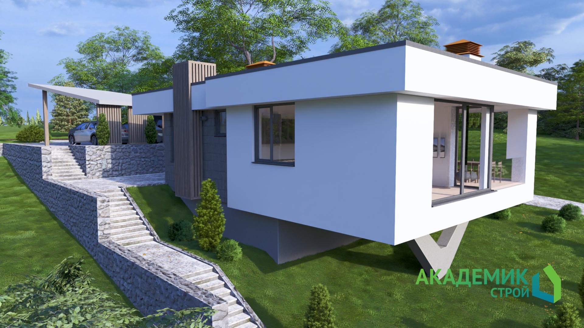 Проект одноэтажного дома площадью 150м² идеально подходящий для видовых участков с сильным перепадом