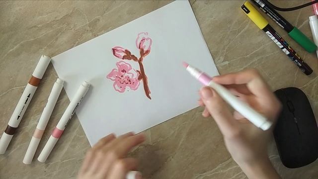 Как нарисовать цветок сакуры и подписать красивой каллиграфической надписью акриловыми маркерами