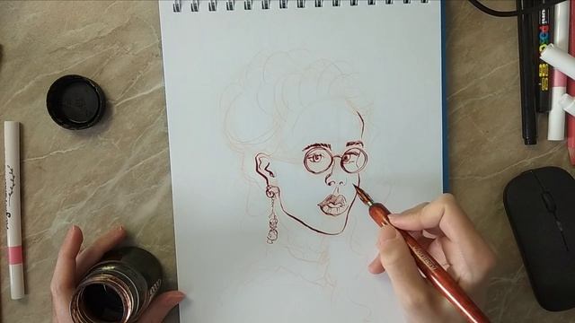Рисую женский портрет в очках тушью и пером #рисование #какнарисовать #рисую #портрет #творчество