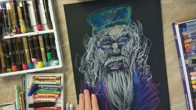 Рисую Дамблдора из Гарри Поттера масляной пастелью на гуашевом подмалёвке | короткое видео