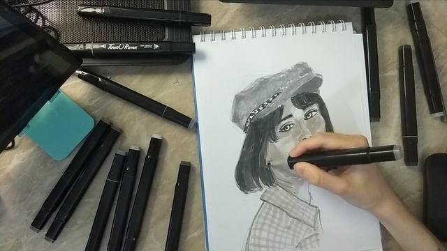 Портрет девушки скетчмаркерами в серых оттенках #портрет #скетчмаркеры #рисование #творчество #хобби