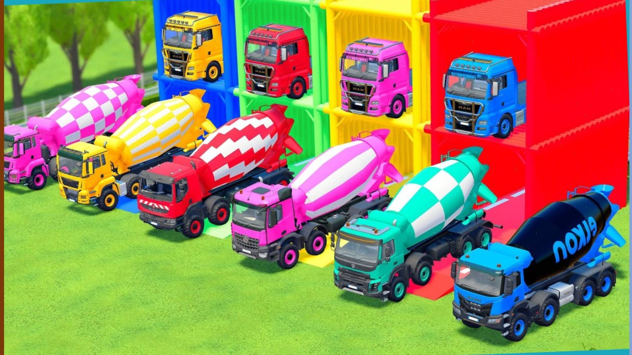 Мультики яркие машинки грузовики. Перевозка автомобилей с помощью прицепов-платформ. Автовоз малышам