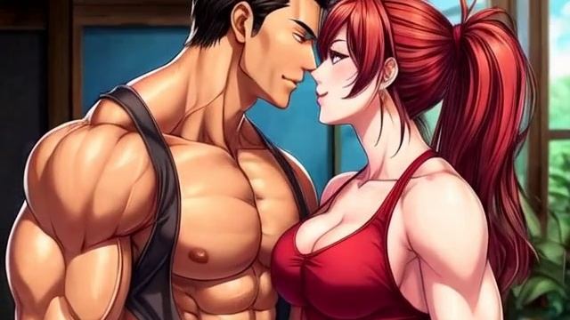 Качок, парень, пресс, аниме, большие формы, поцелует девушку