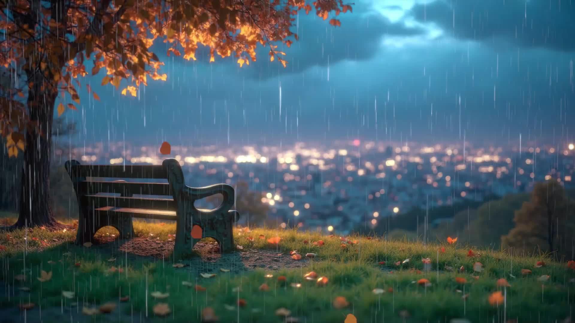 🌧️ Звуки дождя и грома. Осенняя Ночь в Городе: Дождь, Листья и Мерцающие Огни 🌃