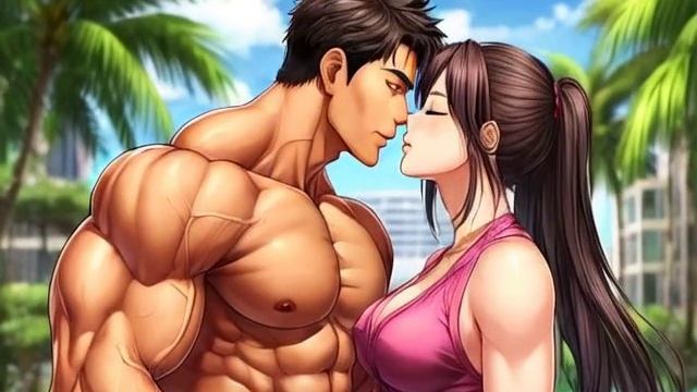 Качок, парень, пресс, аниме, большие формы, поцелует девушку