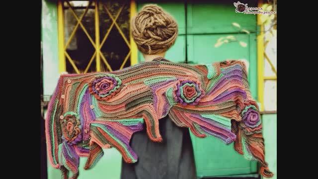 1 Длинный шарф крючком с объёмными цветами в технике вязания фриформ