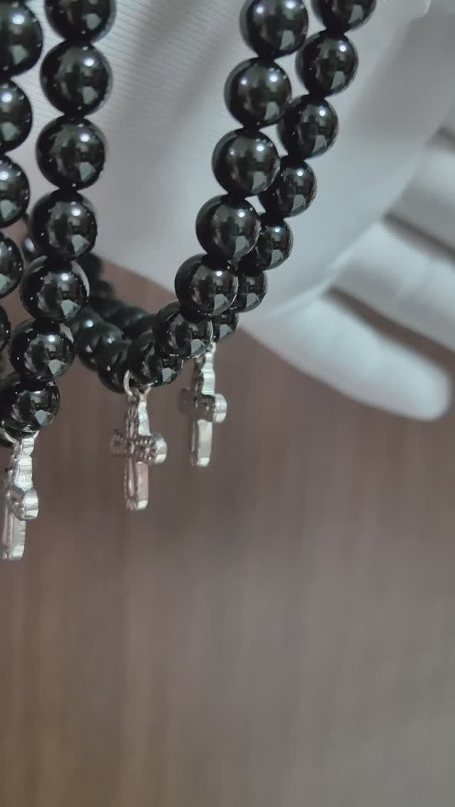 Православные четки - браслет из черного агата, 30 бусин, диаметр 8 мм.