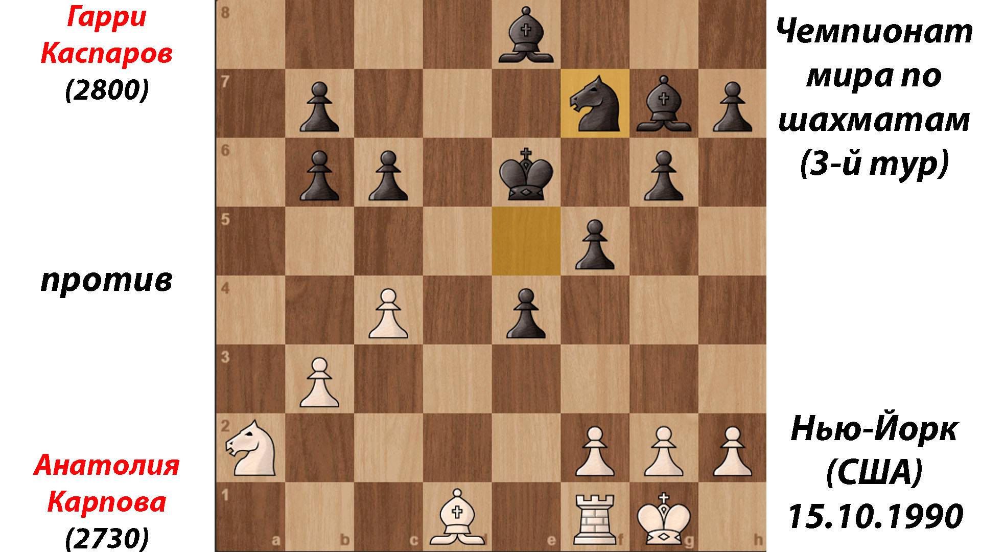 Гарри Каспаров против Анатолия Карпова. Чемпионат мира по шахматам (3-й тур) Нью-Йорк (США) 1990