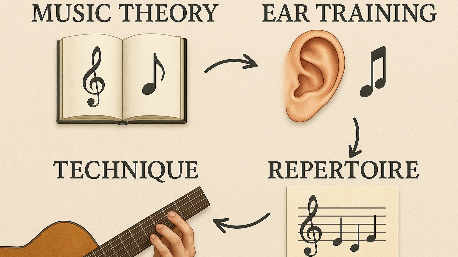 Как правильно и гармонично учиться играть на гитаре. Метод 4 направлений