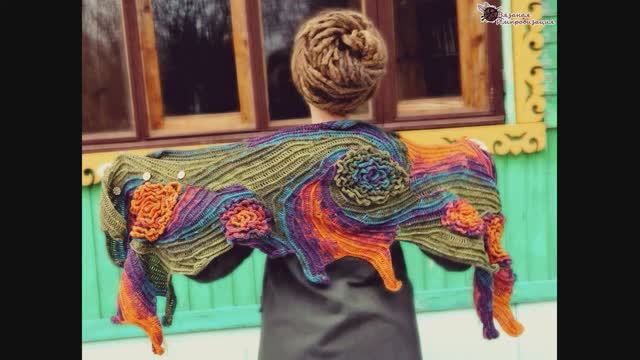 Вязаные шарфы фриформ крючком с объёмными цветами