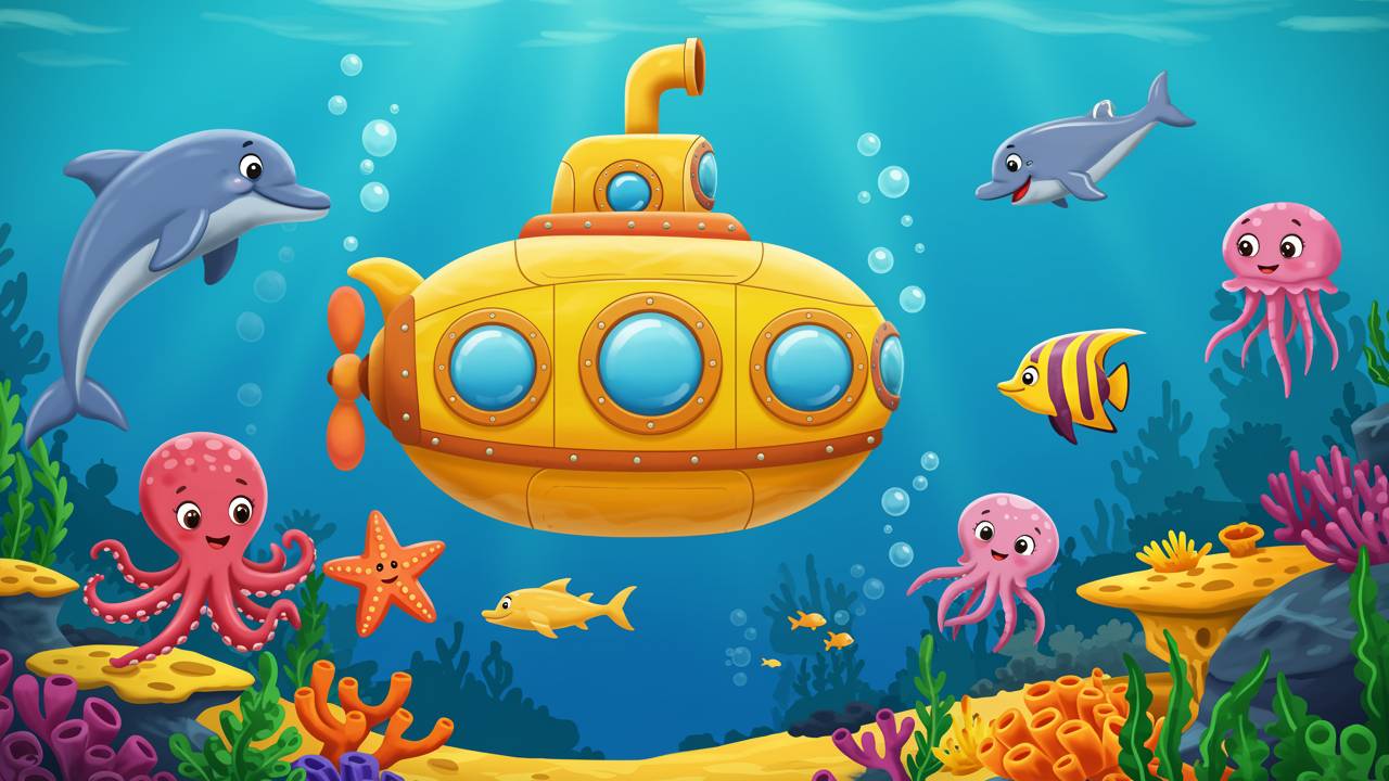 Подводная лодка - Большая подводная машина изучает обитателей морей - Морские мультики для детей