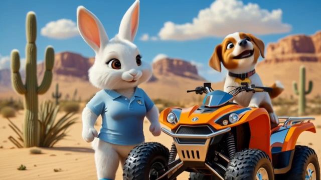 Кролик на колесах! Кролик управляет квадроциклом вместе со щенком-вторым пилотом