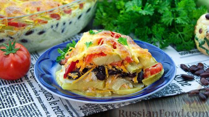 Сочный домашный обед. КАРТОФЕЛЬНАЯ ЗАПЕКАНКА С ФАСОЛЬЮ, КАБАЧКОМ И ПОМИДОРАМИ