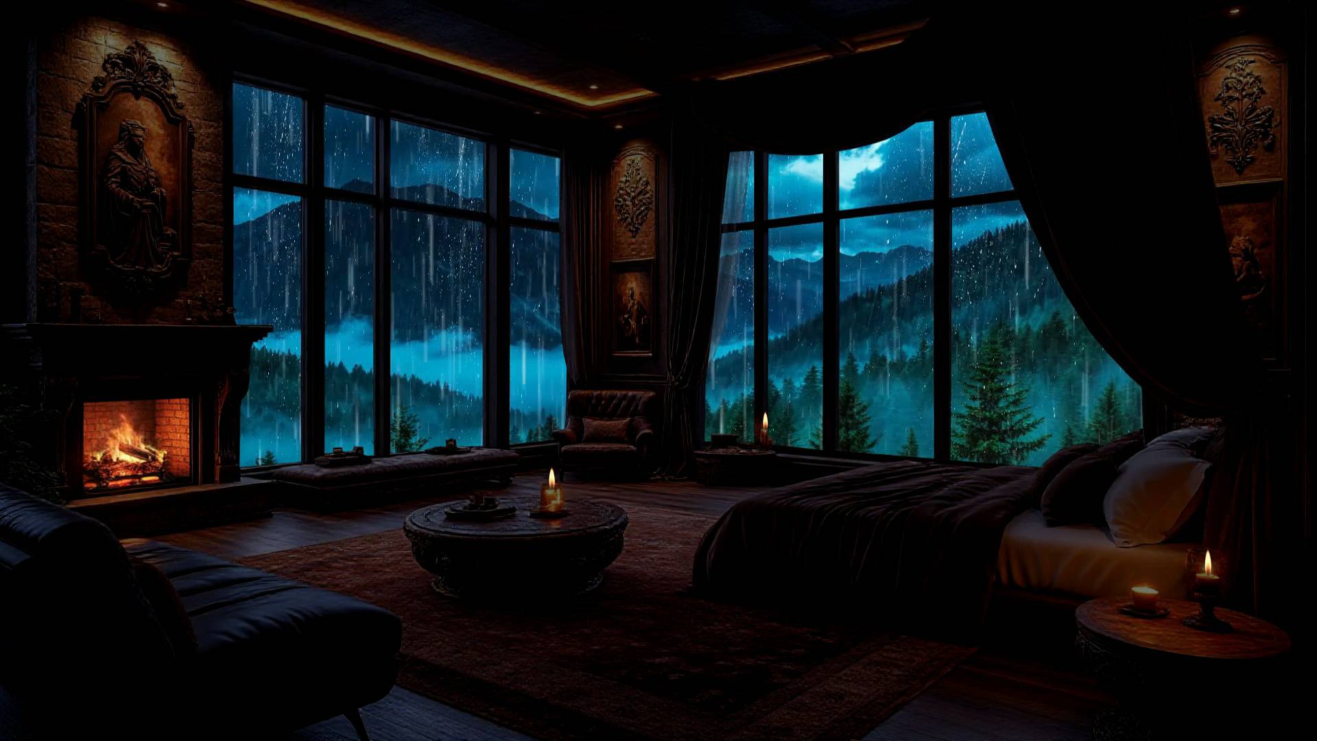 Звуки дождя и треск камина в уютной атмосфере слушать и засыпать