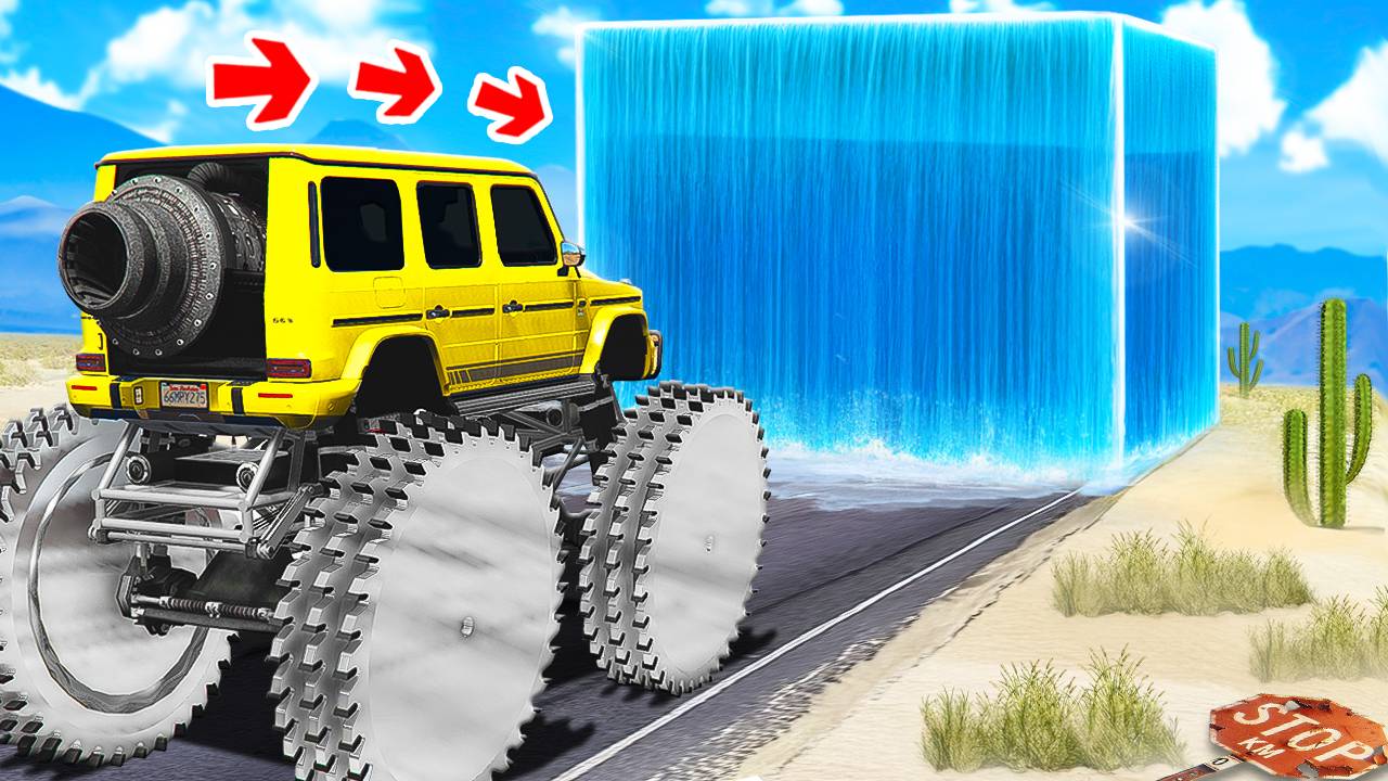 СМОЖЕТ ЛИ МОНСТР ТРАК НА ПИЛАХ ПРОЕХАТЬ ЧЕРЕЗ ГИГАНТСКИЙ КУБ ВОДЫ В ГТА 5 ЭКСПЕРИМЕНТЫ В GTA 5!