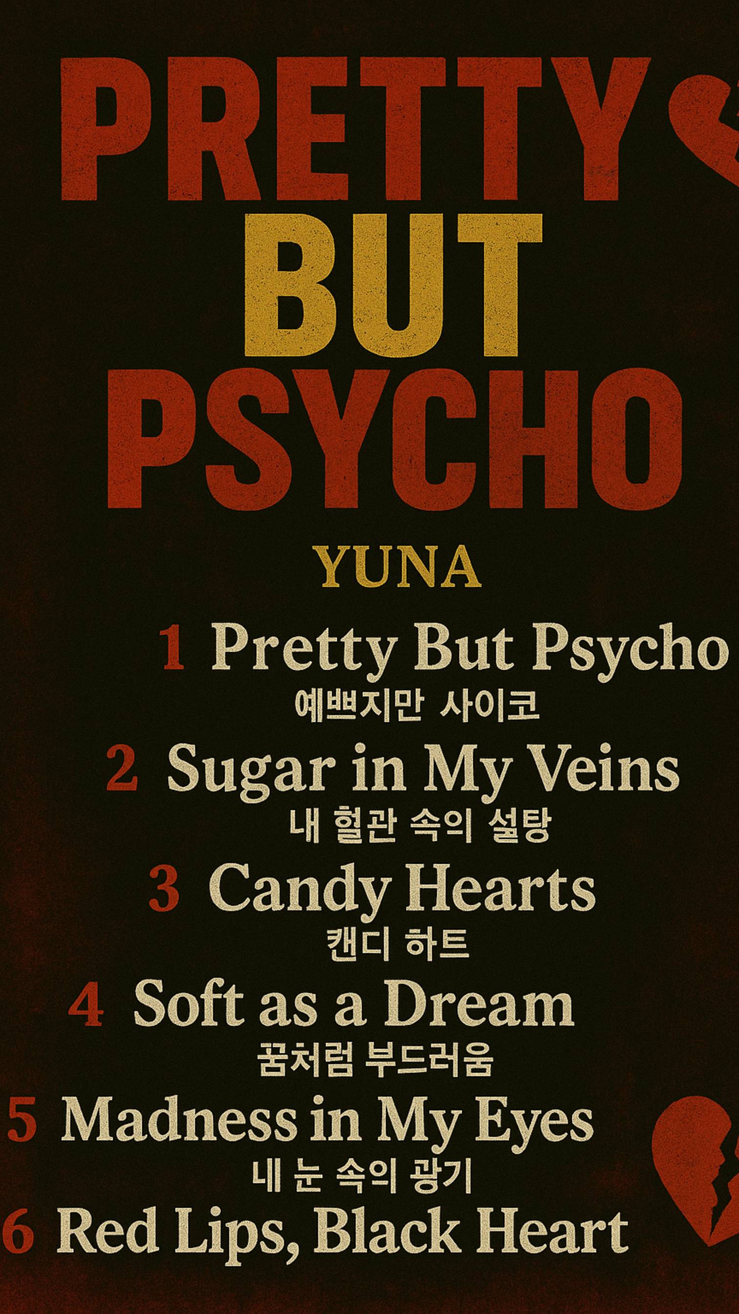 track list of albums titled Yuna Pretty But Psycho This album consists of 6 songs, I remind you. 30.