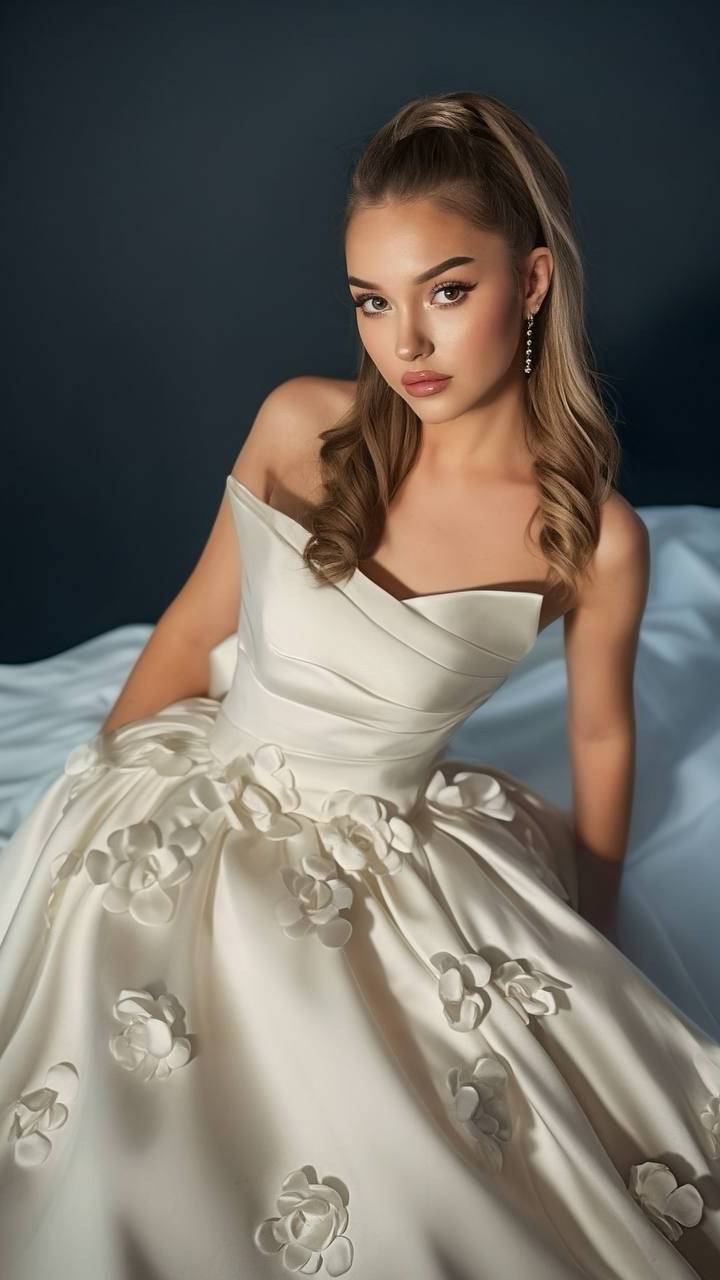 Атласное цветочное свадебное платье А-силуэта Лея #домневесты #свадебноеплатье