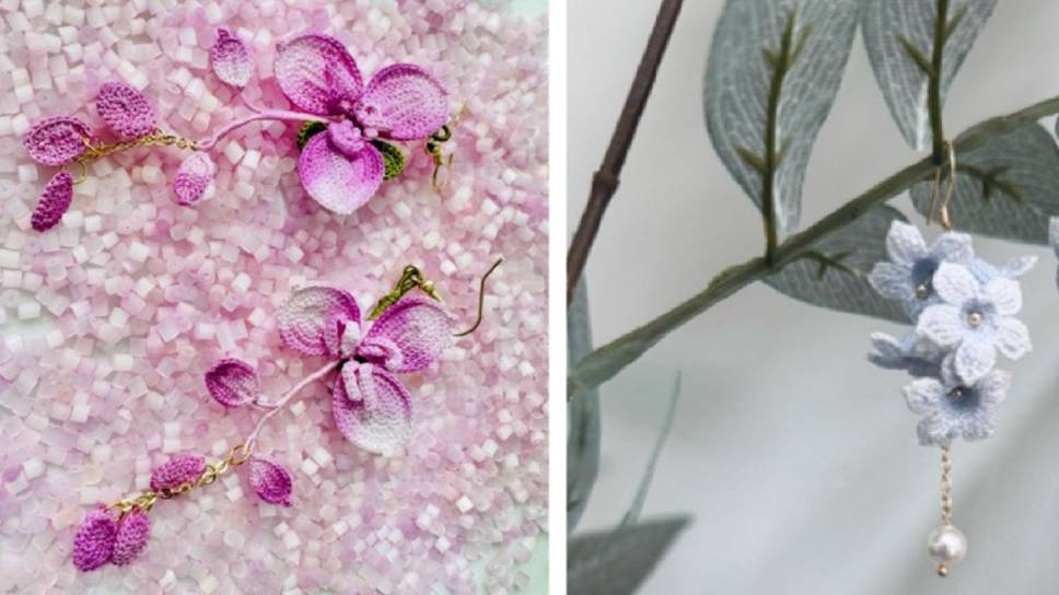 Серьги ЦВЕТЫ с ETSY, микро-вязание крючком.